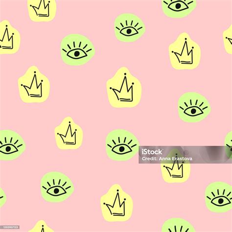 손으로 그려진 눈과 크라운귀여운 여성스러운 매끄러운 패턴 낙서 스케치 현대 끝없는 인쇄 벡터 그림입니다 낙서 드로잉에 대한 스톡
