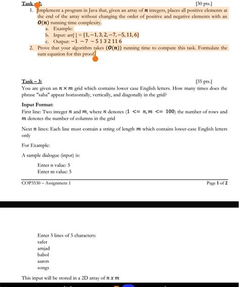 task [30 pts ] implement a program in java that given an array of n