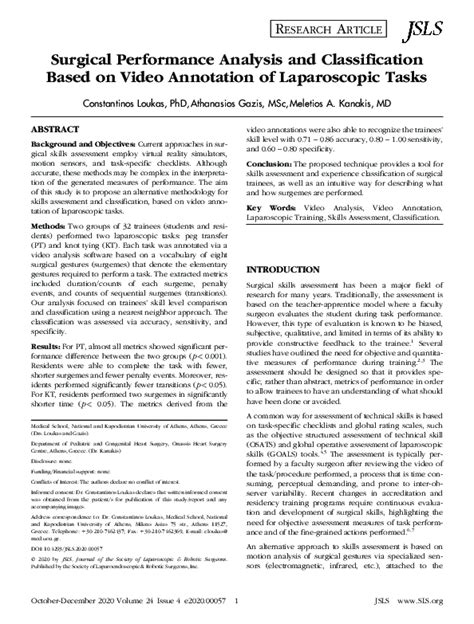 Pdf Surgical Performance Analysis And Classification Based On Video Annotation Of Laparoscopic