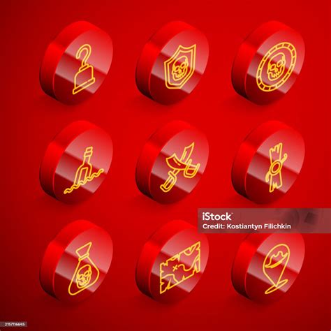 해적 갈고리 해적 해골 방패 동전 병 메시지 물 교차된 검 법령 양피지 두루마리 및 보물 지도 아이콘을 설정합니다 벡터 3차원 형태에 대한 스톡 벡터 아트 및 기타 이미지