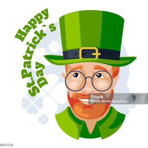 성 패트릭의 날 인사말 카드입니다 주황색 턱수염을 기른 남자가 초록색 아일랜드 전통 모자를 쓰고 있다 캐릭터 컨셉 벡터 평면 그림 3월에 대한 스톡 벡터 아트 및 기타