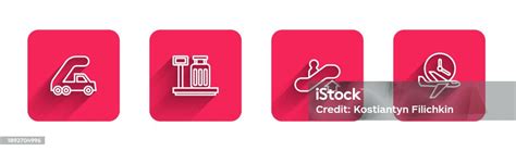 비행기 탑승을 위한 승객 사다리 여행 가방으로 저울 에스컬레이터 위로 및 긴 그림자가 있는 비행 시간을 설정합니다 빨간색 사각형 버튼입니다 벡터 사람들에 대한 스톡 벡터