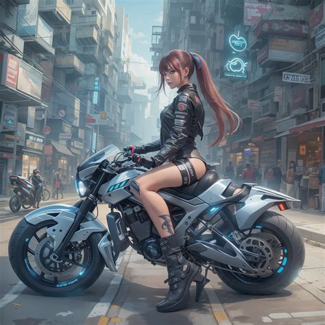 Anime Girl On A Motorcycle In A City Street Seaart Ai