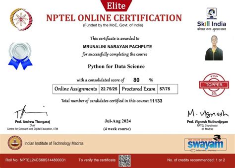 Mrunalini Pachpute On Linkedin Python Datascience Nptel Iitmadras Certification