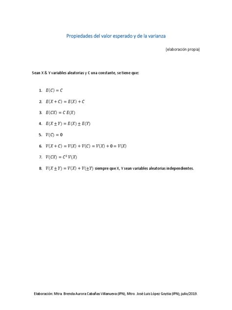 Propiedades Valor Esperado Y Varianza Pdf Pdf