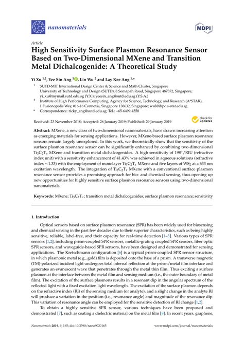 Pdf High Sensitivity Surface Plasmon Resonance Sensor Based On Two Dimensional Mxene And