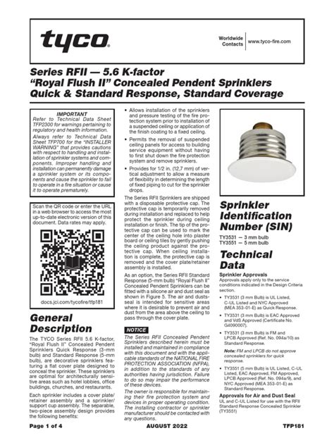 Tyco Ty3531 Tfp181 08 2022 Download Free Pdf Fire Sprinkler