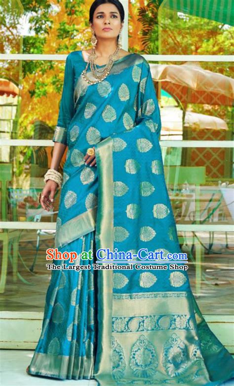 Indian Traditional Sari Bollywood Printing Blue Dress Asian India
