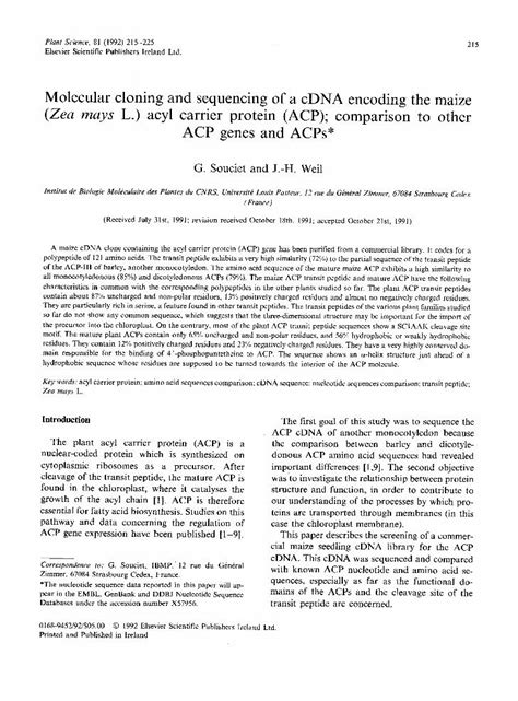 Pdf Molecular Cloning And Sequencing Of A Cdna Encoding The Maize Zea Mays L Acyl Carrier