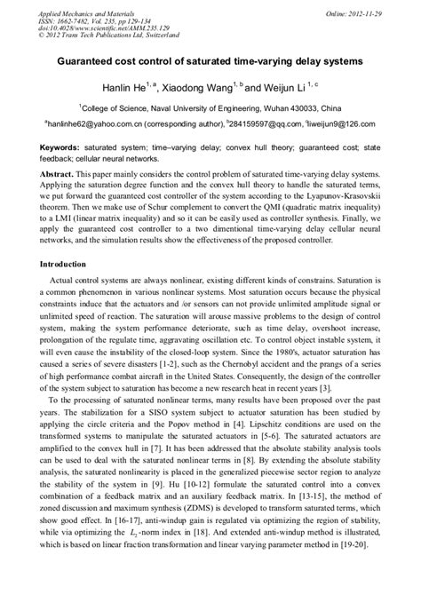 Guaranteed Cost Control Of Saturated Time Varying Delay Systems Scientific Net