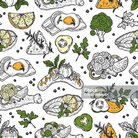 음식 원활한 배경 손으로 그린 스케치 스낵 소시지 튀긴 닭고기 베이컨 생선 치즈와 야채와 스크램블 계란 가공육에 대한 스톡 벡터 아트 및 기타 이미지 Istock