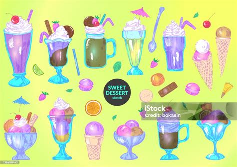 아이스크림 칵테일 밀크 쉐이크 초콜릿 커피 음료가 있는 손으로 그린 달콤한 디저트 브라이트 팝 아트 스케치 세트 0명에 대한 스톡 벡터 아트 및 기타 이미지 Istock