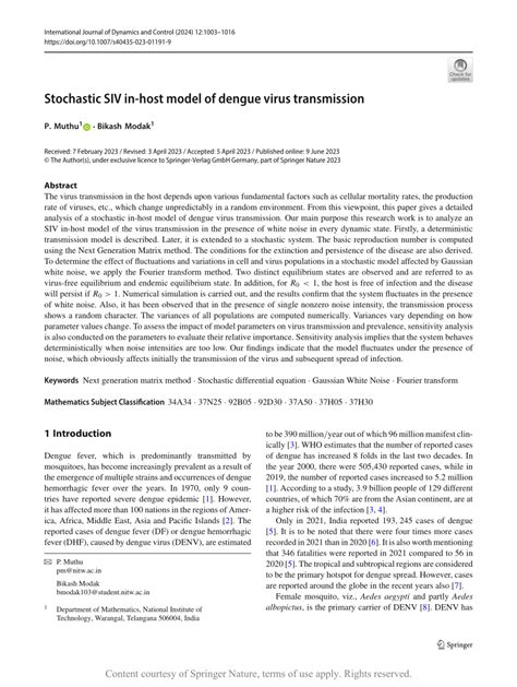 Stochastic Siv In Host Model Of Dengue Virus Transmission Request Pdf