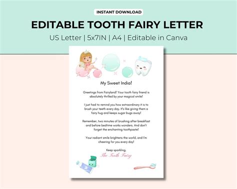 Editable Tooth Fairy Letter Printable Note Certificate Digital
