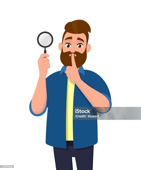 매력적인 수염 젊은 남자 돋보기를 들고 침묵을 요구 조용 하 게 유지 쉿 침묵 하십시오 검색 검색 분석 검사 조사 개념 그림