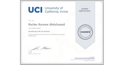 Completion Certificate For Interfacing With The Arduino Haider Kareem