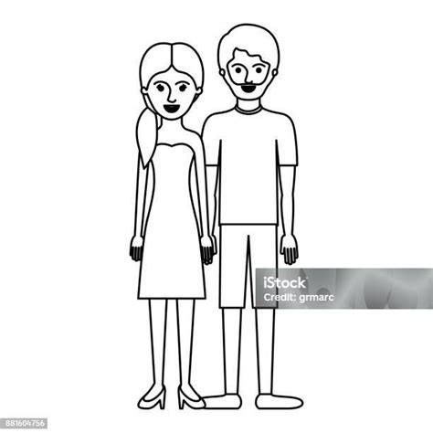 몇 흑백 실루엣과 변 발 헤어스타일으로 Strapless 드레스와 뒤꿈치 신발 및 T셔츠와 짧은 바지와 짧은 머리 및 수염을