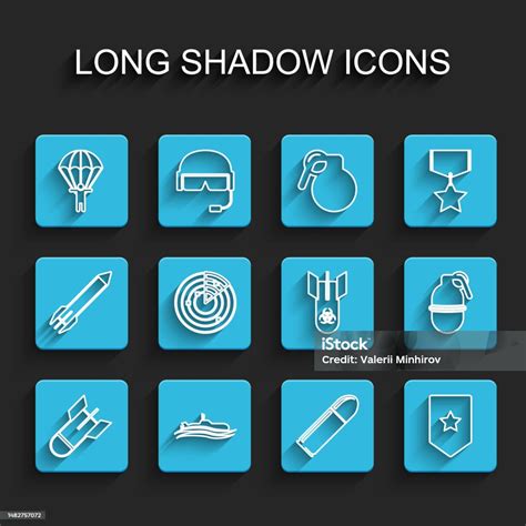 세트 라인 항공 폭탄 잠수함 낙하산 총알 갈매기 모양 표적이 있는 레이더 수류탄 및 생물학적 위험 아이콘 벡터 갈매기표 수장에 대한 스톡 벡터 아트 및 기타 이미지 Istock