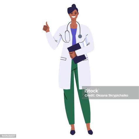 엄지손가락을 치켜든 어두운 피부의 여성 의사 승인의 제스처 멋지다 좋아 청진기와 흰색 배경에 격리된 폴더를 가진 메딕 캐릭터가 웃고 있습니다 플랫 스타일 간호사에 대한 스톡