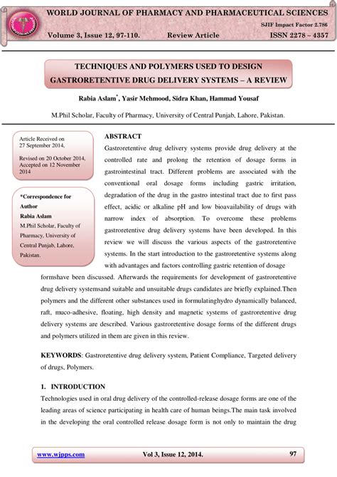 Pdf Techniques And Polymers Used To Design Gastroretentive Drug Delivery Systems A Review