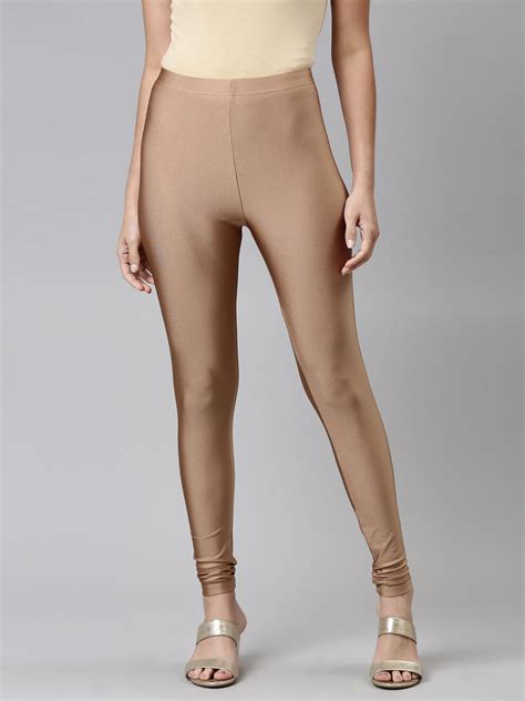 Women Antique Gold Nylon Shimmer Churidar Leggings