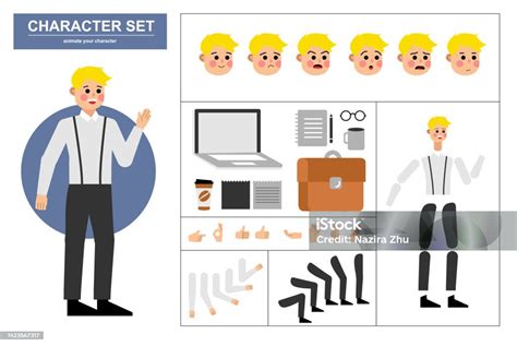 34 애니메이션 캐릭터 보기 다양한 뷰 얼굴 감정 포즈 제스처 및 사무용 도구를 갖춘 Office Man 캐릭터 생성자 만화 스타일 플랫 벡터 일러스트 레이 션 개체 그룹에