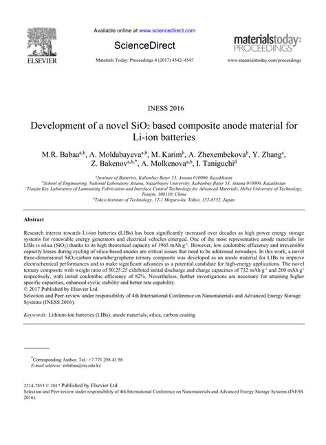 pdf development of a novel sio2 based composite anode material for li