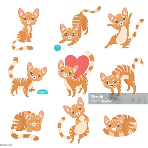다양 한 포즈와 상황에서 귀여운 재미 있는 빨간 고양이 캐릭터 벡터 일러스트 레이 션 설정 개체 그룹에 대한 스톡 벡터 아트 및 기타 이미지 개체 그룹 고양이 새끼