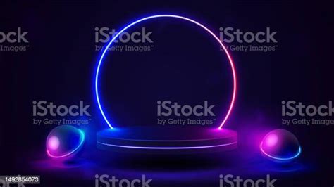 라인 그라데이션 분홍색과 파란색 네온 링과 네온 구체가 있는 빈 연단 3d 렌더링 3차원 형태에 대한 스톡 벡터 아트 및 기타 이미지 3차원 형태 강단 경쟁 Istock