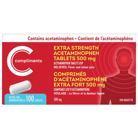 Acetaminophen 500 Mg Extra Strength 100 Tablets Complimentsca