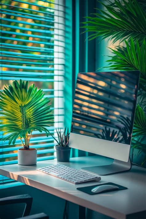 A Desktop Computer Sitting On Top Of A White Desk Next To A Plant Stock Illustration