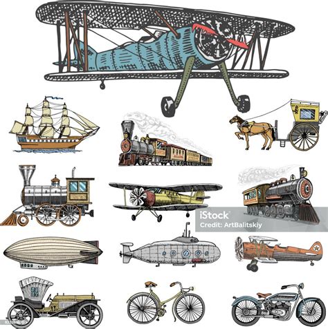 잠수함 배 및 자동차 오토바이 마차 비행선 또는 비행선 공기 풍선 비행기 Corncob 기관차 오래 된 스케치 스타일에 새겨진된 손으로 빈티지 승객 수송 검은색에 대한 스톡