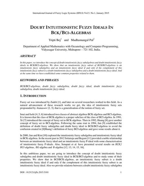 Doubt Intuitionistic Fuzzy Ideals In Bck Bci Algebras Pdf