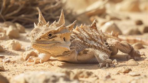 A Close Up Of A Lizard With A Spiked Head On A Desert Stock