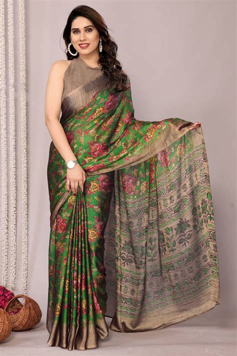 Green Chiffon Floral Printed Saree With Unstitched Blouse Piece