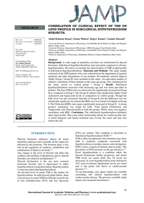 Pdf Correlation Of Clinical Effect Of Tsh On Lipid Profile In Subclinical Hypothyroidism Subjects