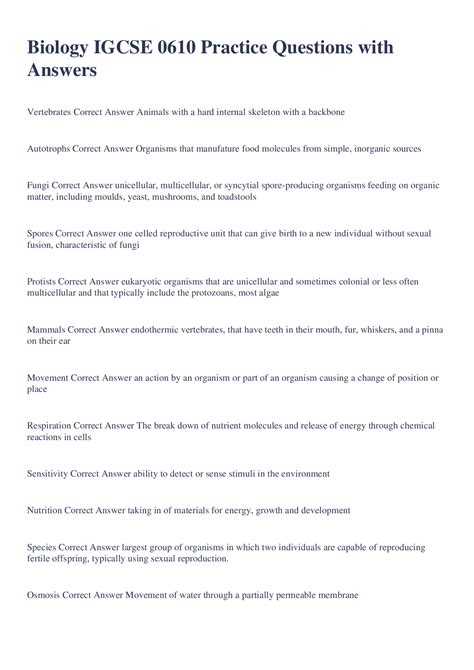 Biology Igcse 0610 Practice Questions With Answers Scholarfriends