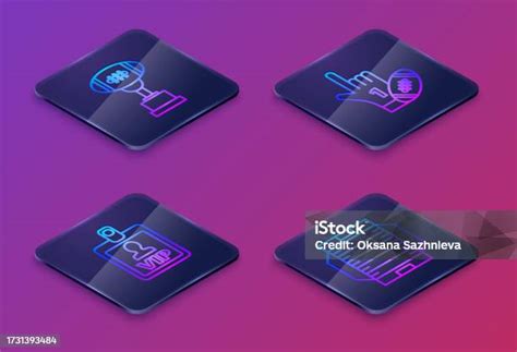 아이소메트릭 라인 어워드 컵과 미식축구공 Vip 배지 손가락을 올린 1번 팬 핸드 글러브 미식축구공 미식축구장을 설정합니다 파란색 사각형 버튼입니다 벡터 3차원 형태에 대한