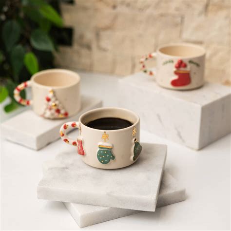 Handmade Christmas Ornament Ceramic Mug With 24k Gold Handle By