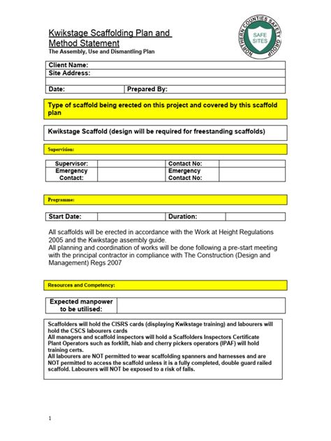 Kwikstage Scaffolding Plan And Method Statement Pdf Scaffolding Safety