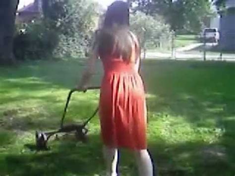 Windy Orange Dress 1 Cutting The Grass Mowing The Lawn Wind Blowing