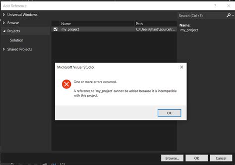 c vs error while setting up unit test a reference to my project