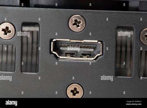 Computer Graphics Card Focus On The Hdmi Displayport Connectors On White Background Stock