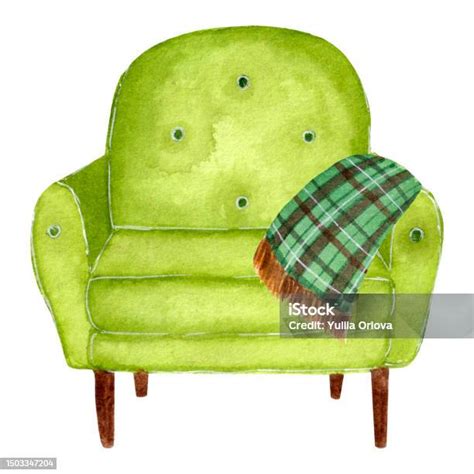 수채화 인테리어 그림 흰색 배경에 격자 무늬가 있는 아늑한 녹색 안락의자 가구에 대한 스톡 벡터 아트 및 기타 이미지 가구 가을 귀여운 Istock