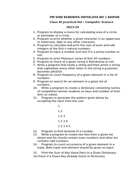 Class Xi Practical List Pdf