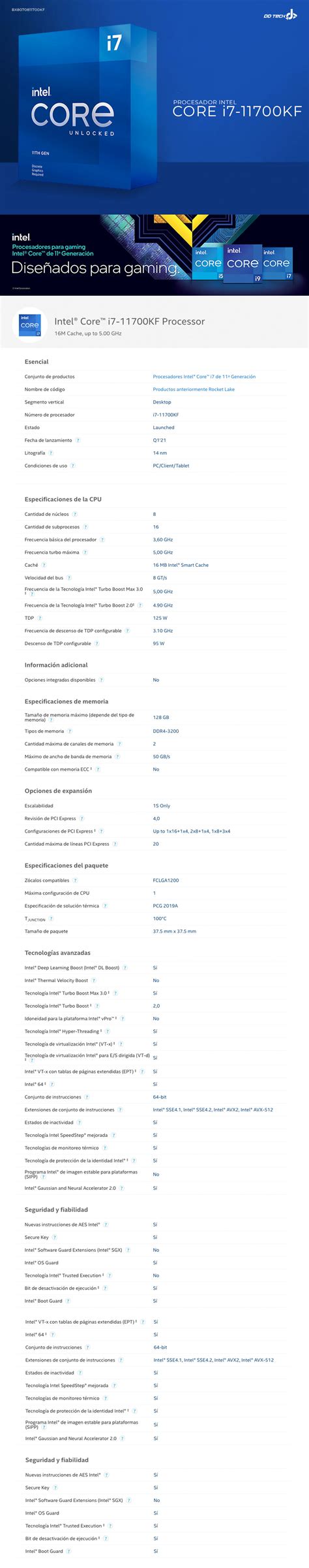 Procesador Intel Core I7 11700kf 3 60ghz 5 00ghz 8 Nucleos 16 Hilos Socket Lga1200