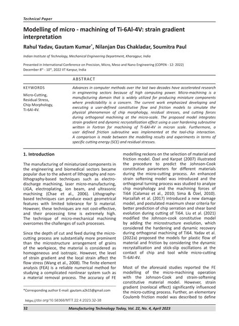 Pdf Modelling Of Micro Machining Of Ti 6al 4v Strain Gradient Interpretation
