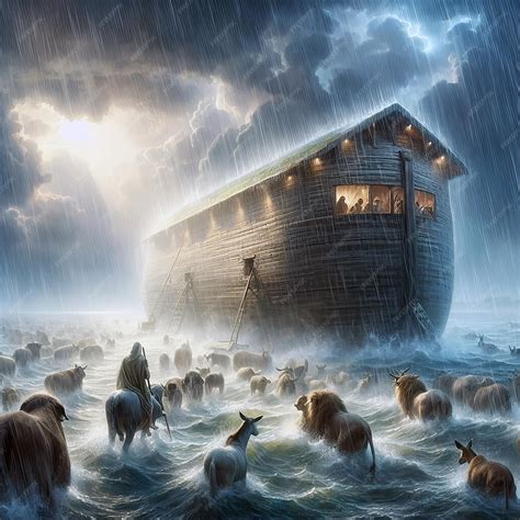 Premium Photo Noahs Ship Amidst The Pouring Rain During The Flood