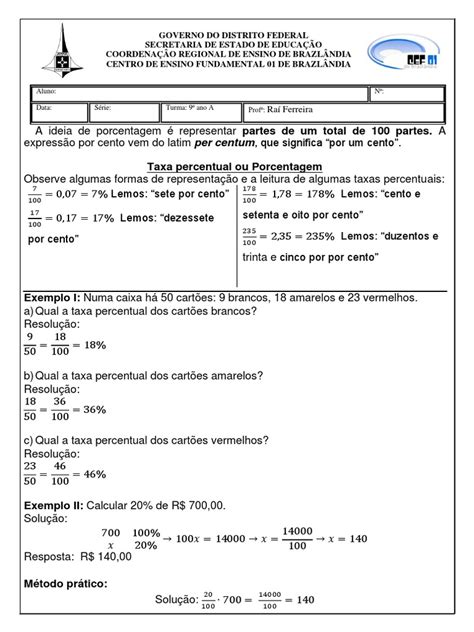Exercícios De Porcentagem Para 9º Ano Pdf Percentagem Notação