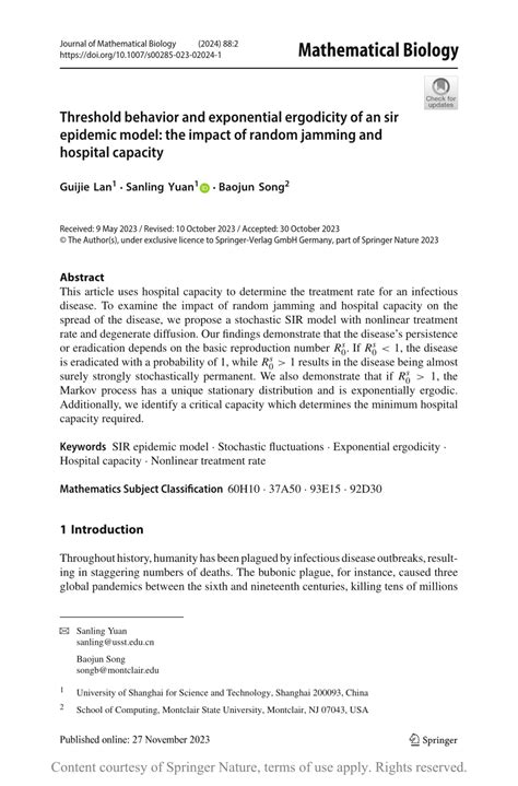 Mathematical Biology Threshold Behavior And Exponential Ergodicity Of An Sir Epidemic Model The